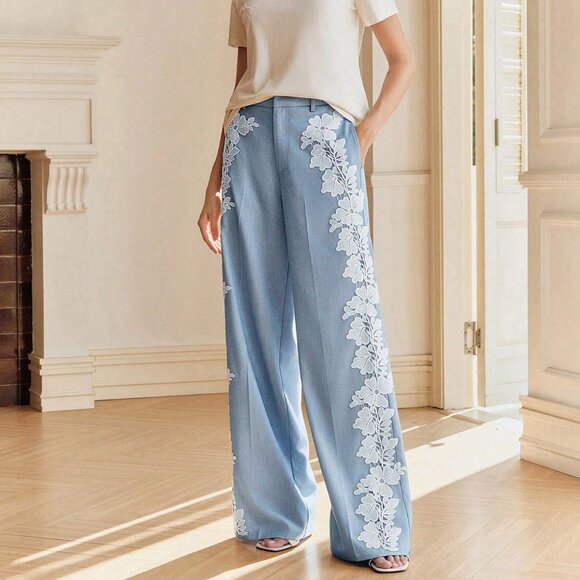 Pants & Jumpsuits | Blue Elegant Casual Womens Flared Ruffle Hem Pants ...